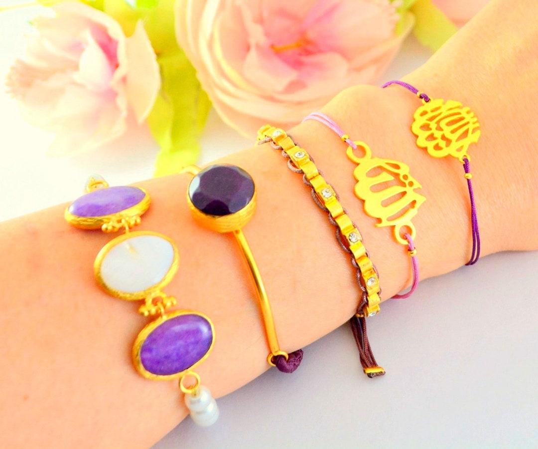 Purple Maashallah MACRAME BANGLE, Muslim Lilac Bangle, Gemstone Allah ...