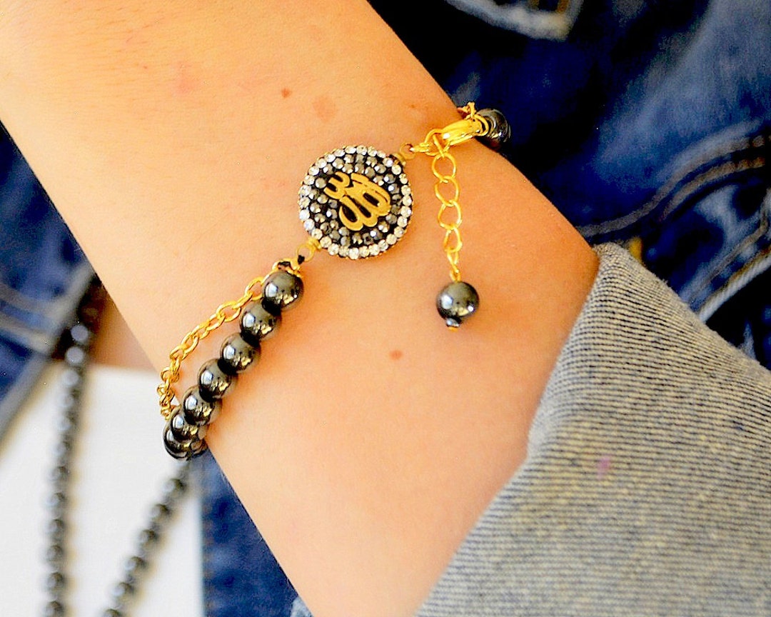 ALLAH ARABIC Gemstone BANGLE, Small Muslim God Fashion Beaded Bangle ...