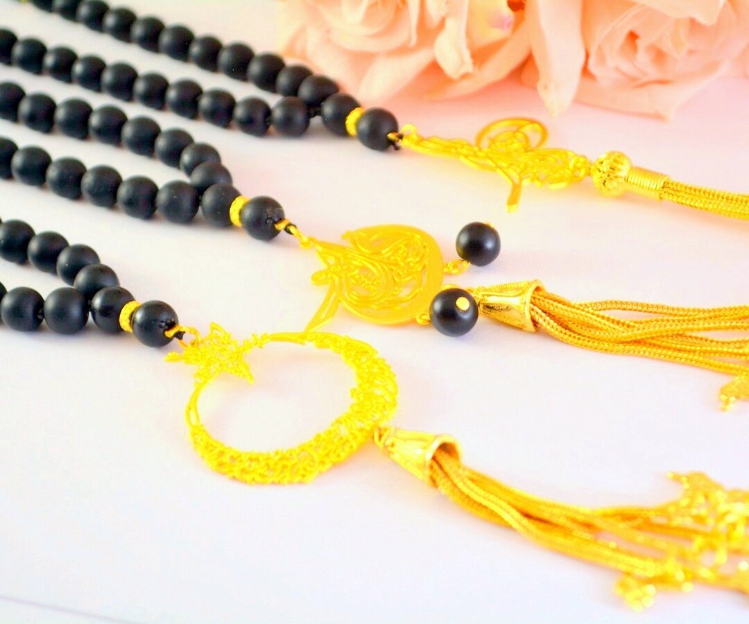 BLACK Onyx Gemstone 33 Dhkir Beads Short Misbah ISLAMIC Car Mirror ...