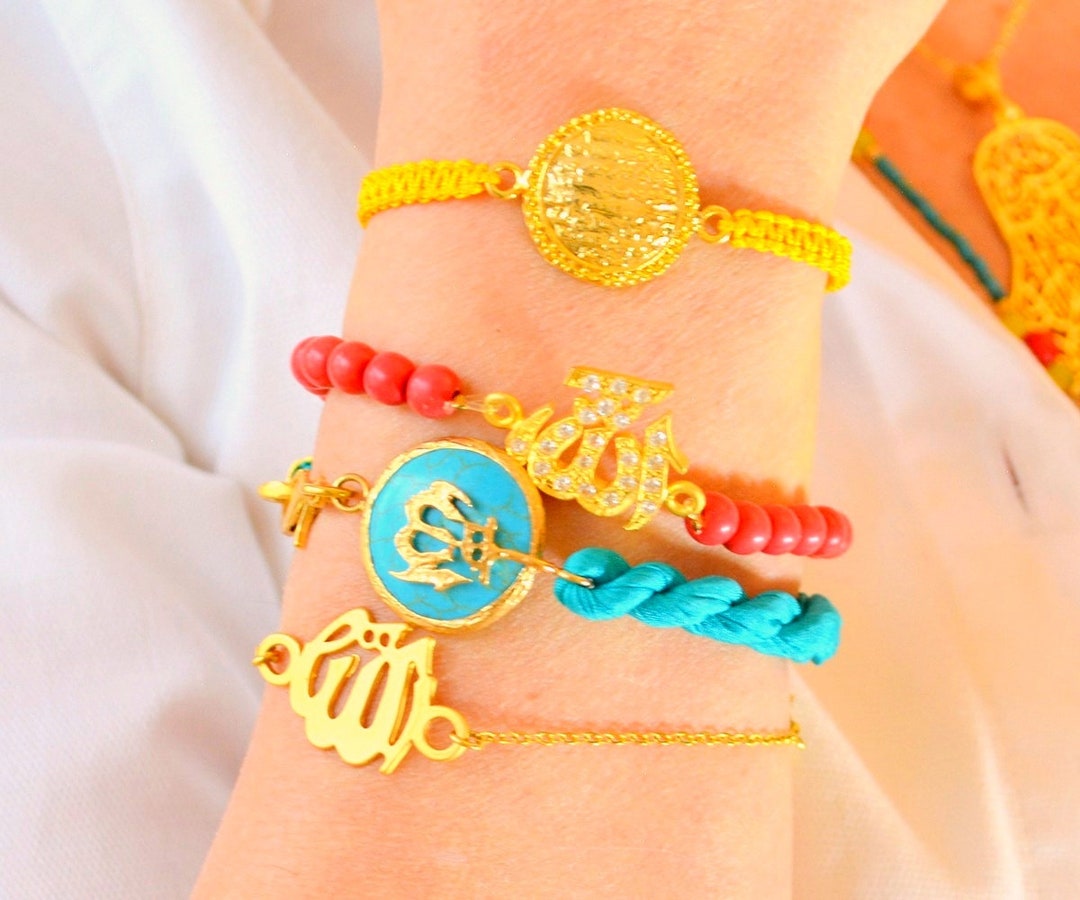 Ayatul QURSI MACRAME BANGLE, Muslim Blue Silk Bangle, Turquoise Allah ...