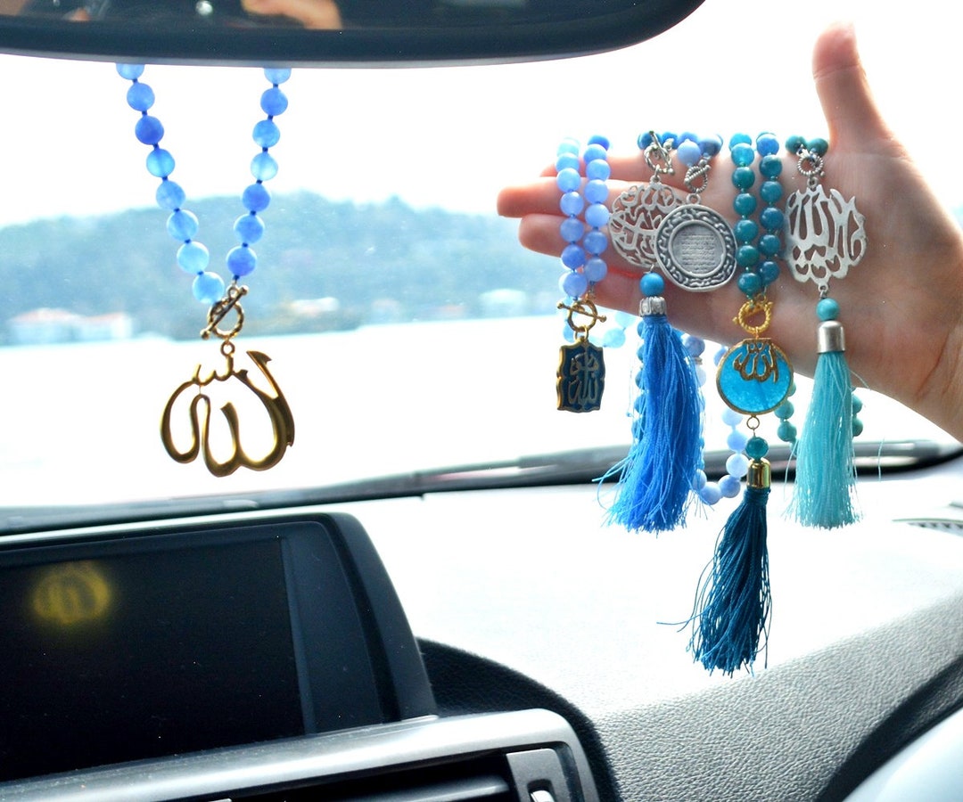 Blue Muslim Car HANGER, Arabic Basmala Misbah, Gemstone Bead Tawhid ...