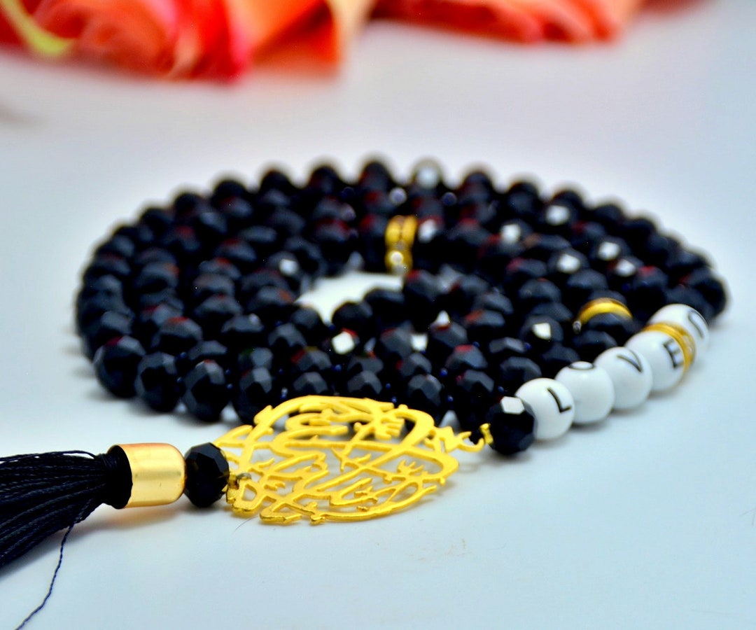 Black Glass Beads Calligraphy Gold Plated Islamic Customized Tasbeh ...