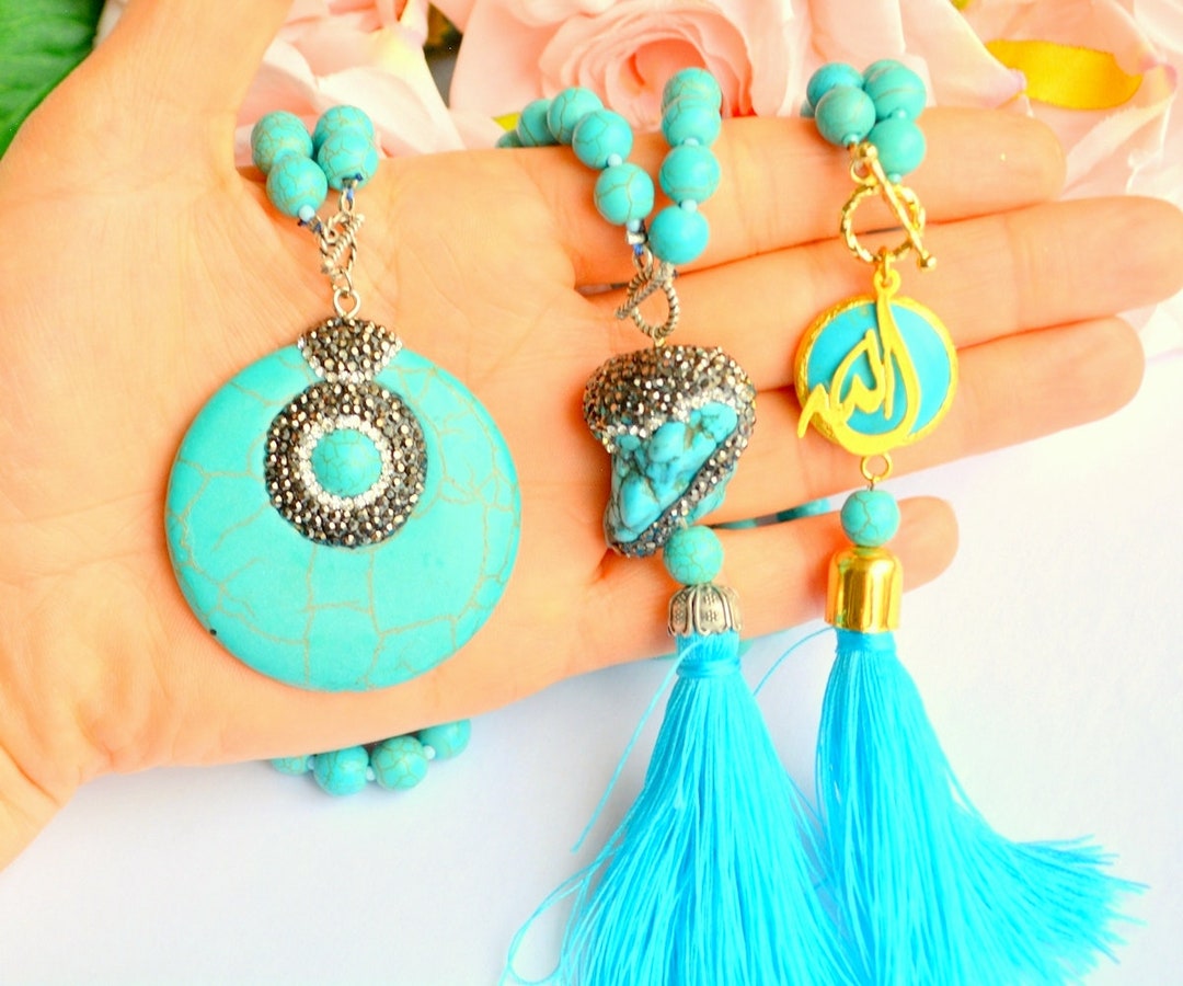 Arabic ALLAH Car Hanger Misbah, Blue Turquoise Gemstone CAR MIRROR ...