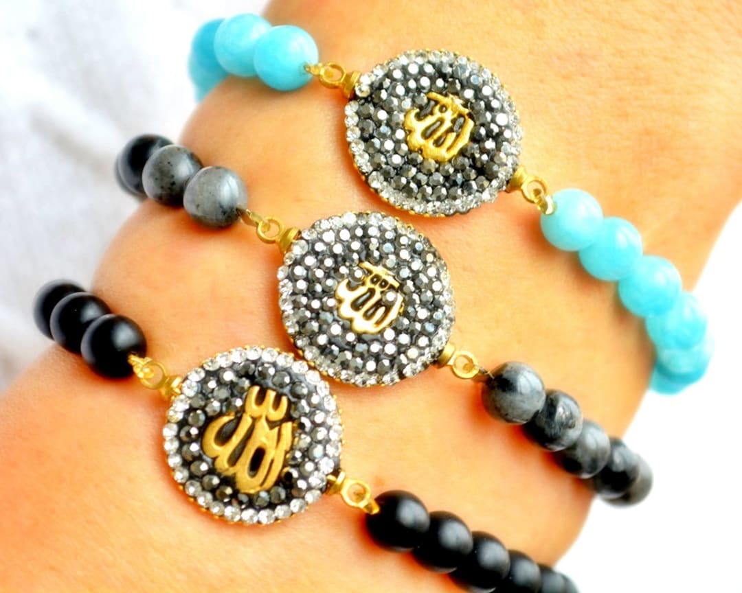 ALLAH ARABIC Gemstone BANGLE, Turquoise Beaded, Islamic Healing Stone ...