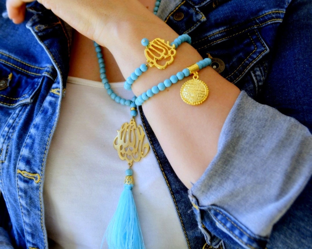 MUSLIM Gemstone JEWELRY Set, Blue Islamic Fashion, Turquoise Maashallah ...