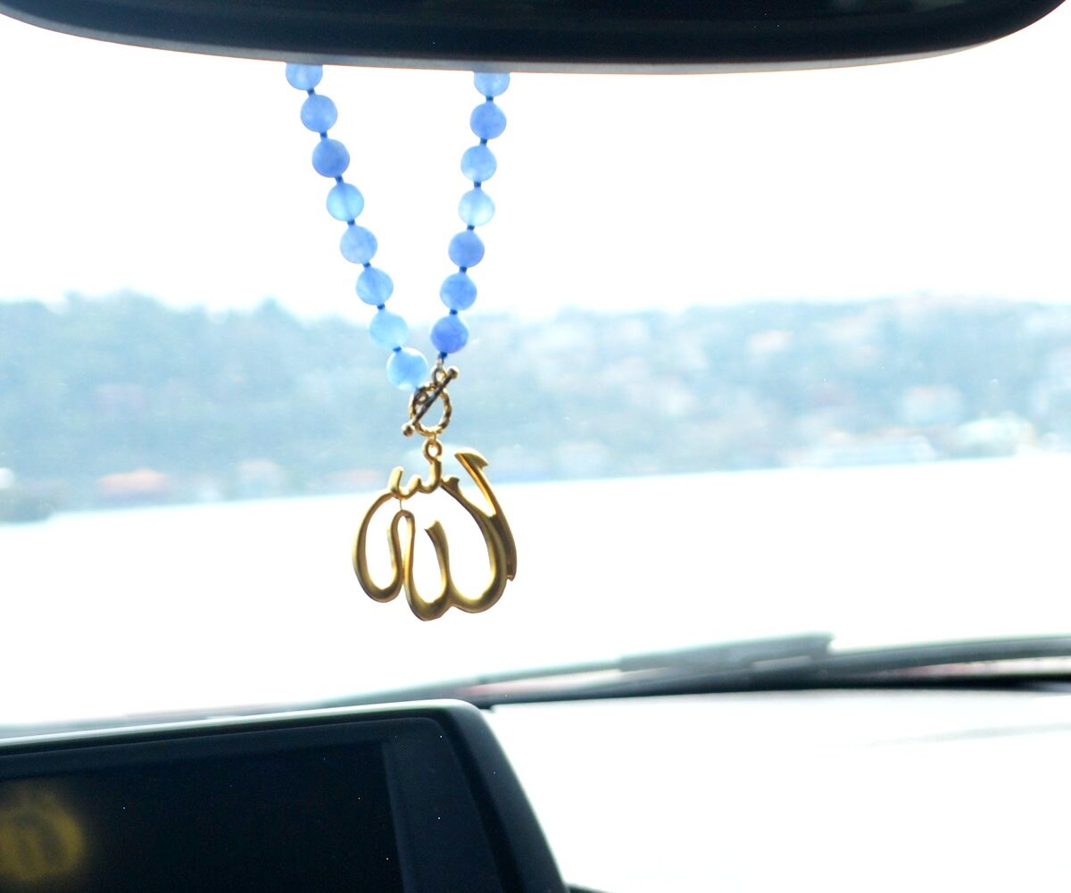 Blue Muslim Car HANGER, Arabic Basmala Misbah, Gemstone Bead Tawhid ...