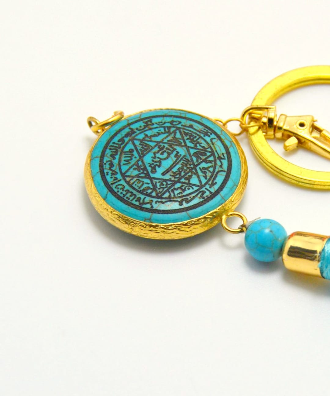 SOLOMON STAR Blue Turqouise Gemstone Golden Customized KEYCHAIN, Muslim ...