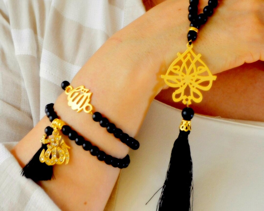 Golden ALLAH Name Black BANGLE, Muslim God Bracelet, Black Onyx Jewelry ...