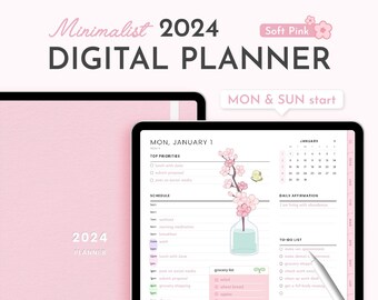 Soft Pink Undated Digital Planner Minimalist, Cute Kawaii Dated ...
