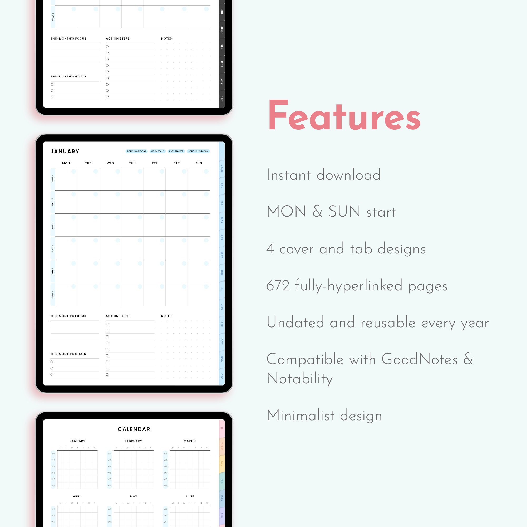 Baby Blue Undated Digital Planner Minimalist, Cute Kawaii Goodnotes ...