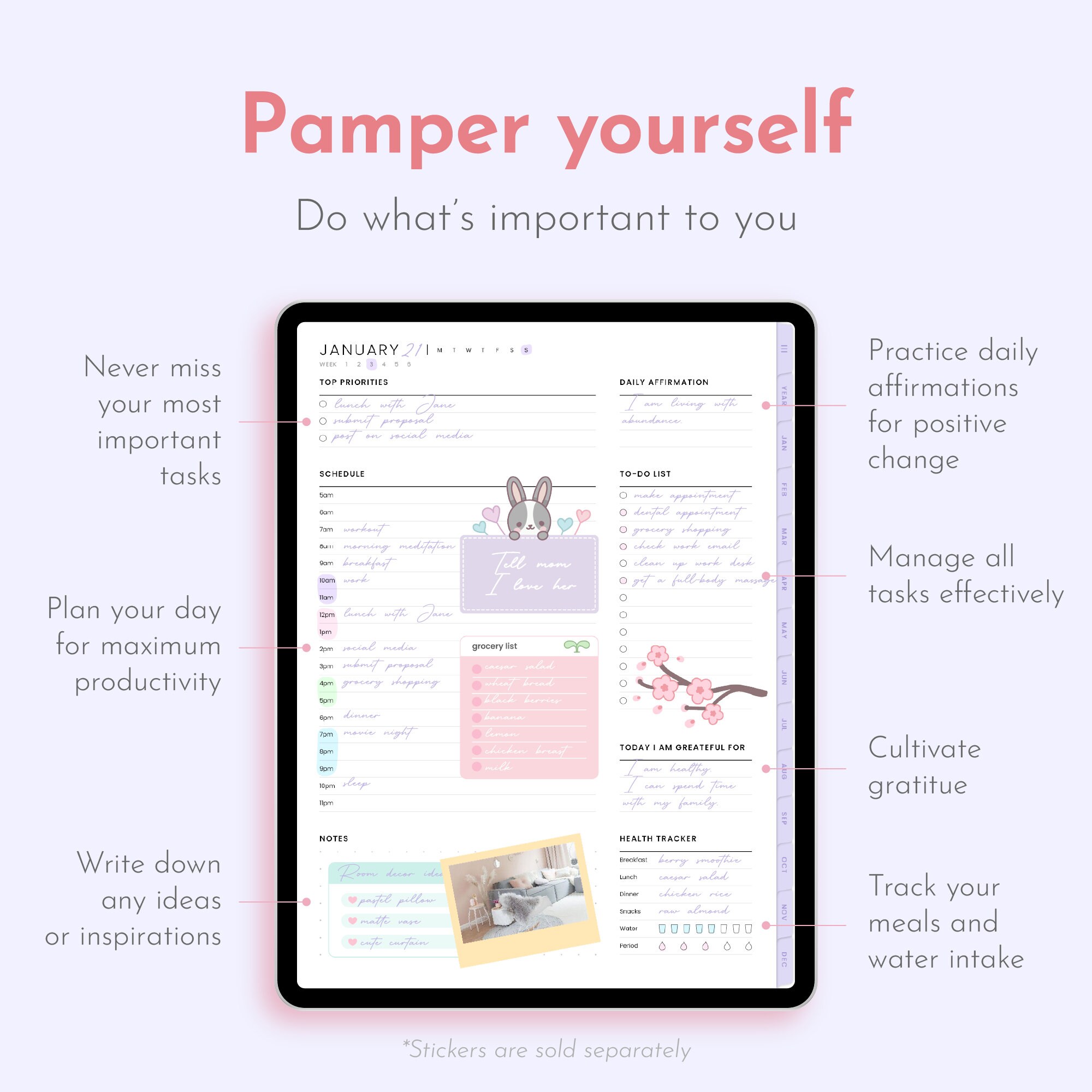 Lavender Purple Undated Digital Planner Minimalist, Cute Kawaii Dated ...