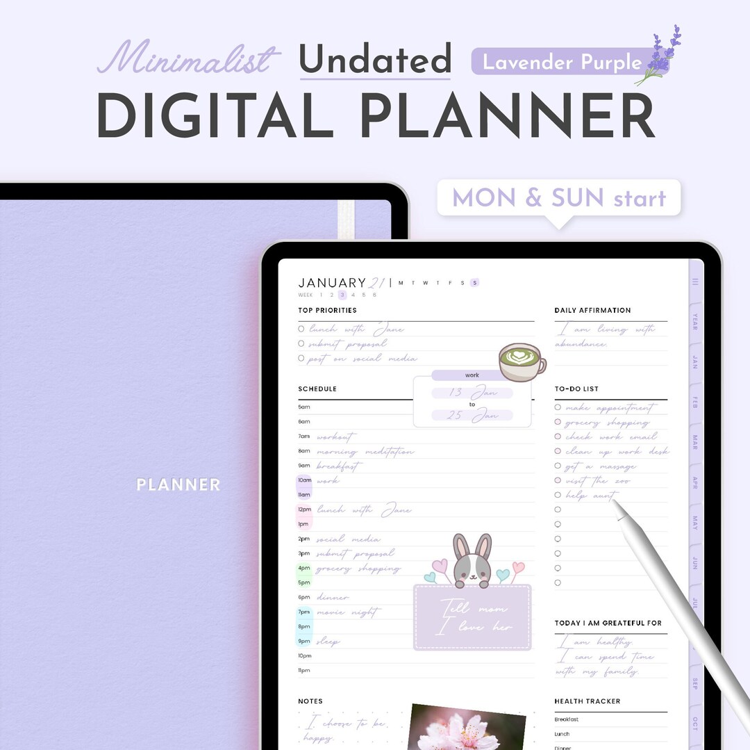 Lavender Purple Undated Digital Planner Minimalist, Cute Kawaii ...