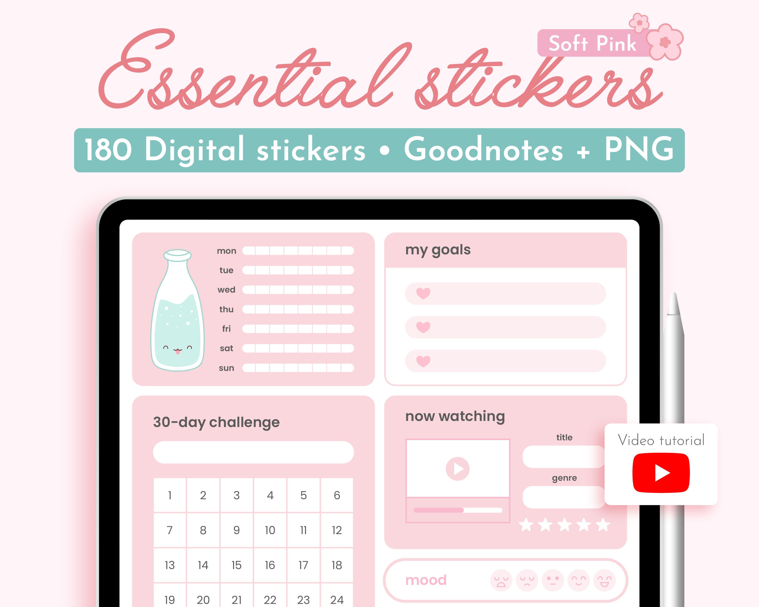 Soft Pink Essential Digital Stickers, Goodnotes Stickers Cute Kawaii ...