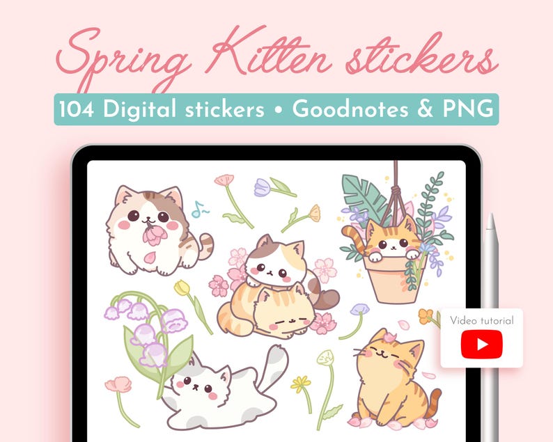 Spring Kitten Digital Stickers, Goodnotes Stickers Cute Kawaii Sticker ...