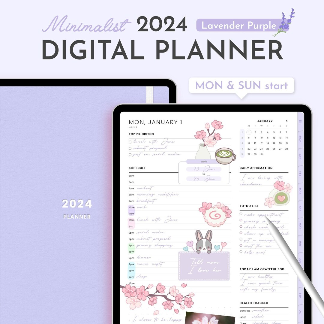 Lavender Purple 2024 Digital Planner Minimalist, Cute Kawaii Dated ...