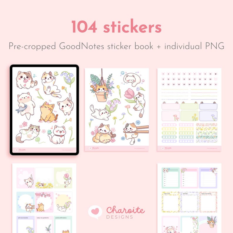 Spring Kitten Digital Stickers, Goodnotes Stickers Cute Kawaii Sticker ...