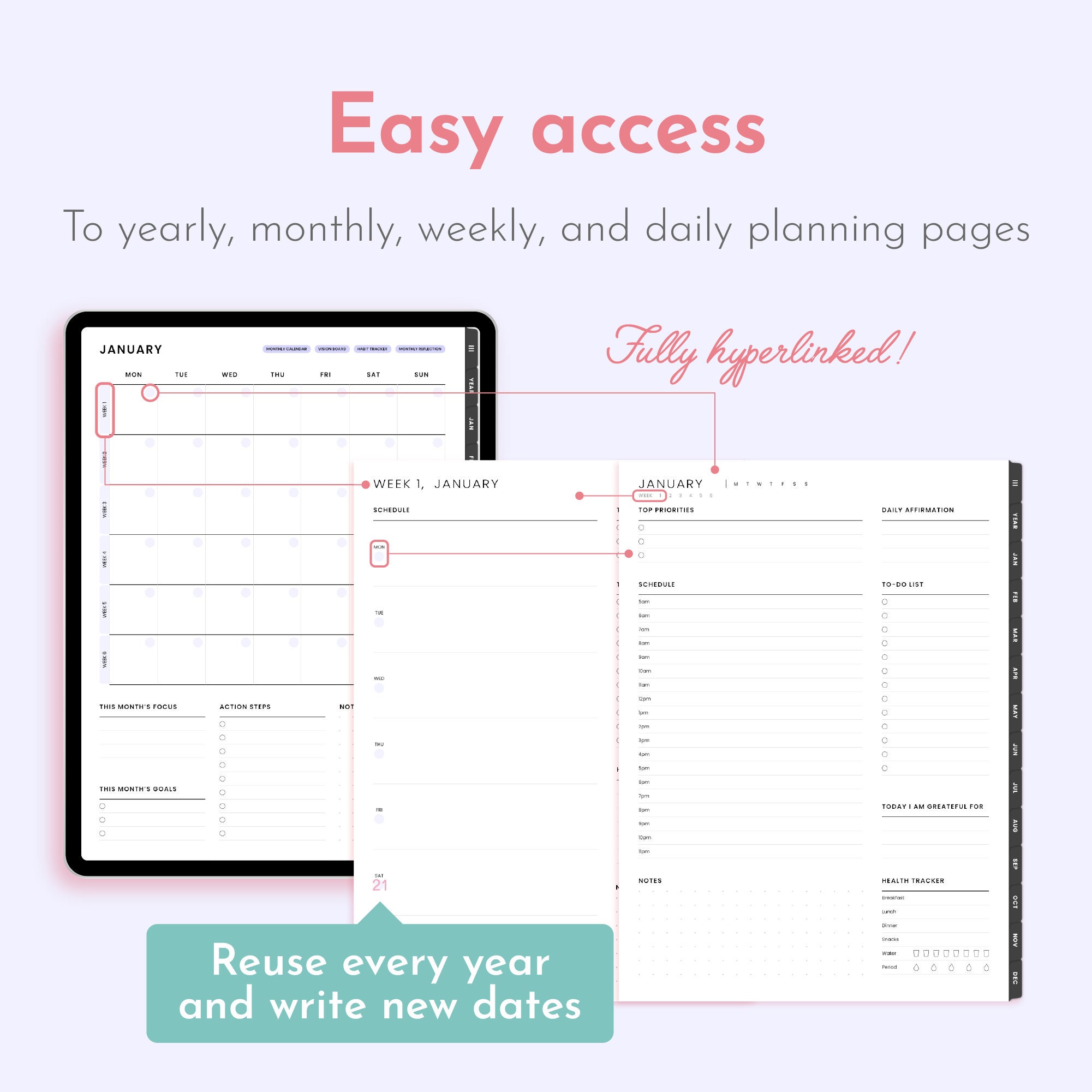 Lavender Purple Undated Digital Planner Minimalist, Cute Kawaii ...