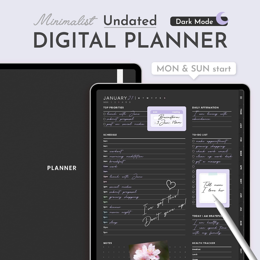Dark Mode Undated Digital Planner Minimalist, Cute Kawaii Goodnotes ...