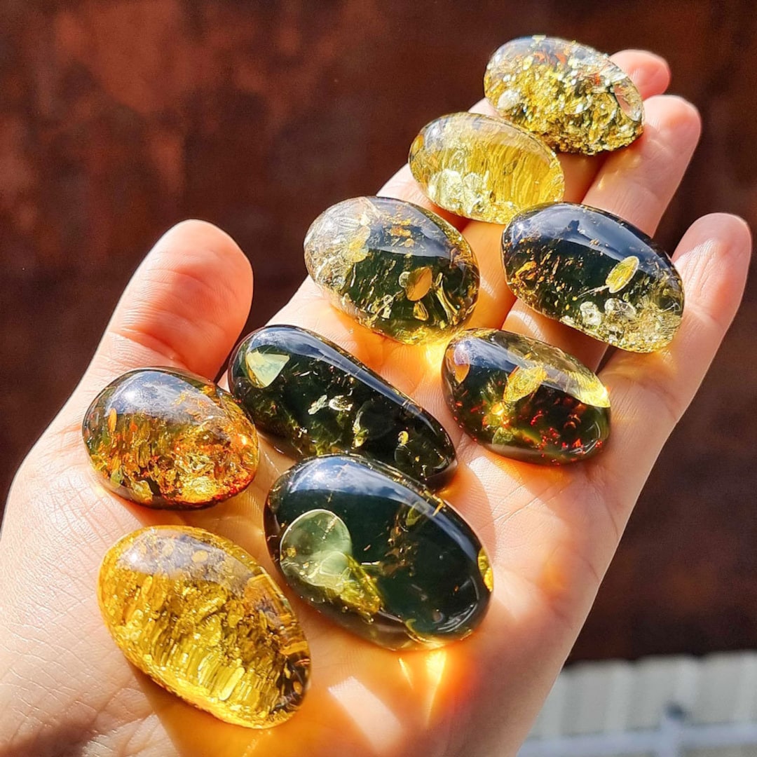 Natural Baltic Amber "earth Stone" Green Color, Free Shape Flat Bottom Cabochons, Various Sizes ...