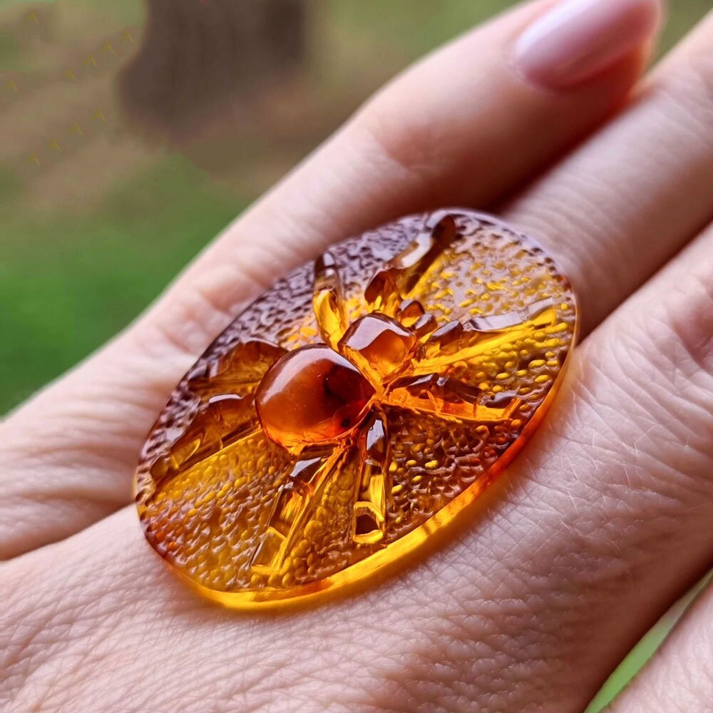 Natural Baltic Amber Carved Spider Cognac Color, Free Shape Flat Bottom ...