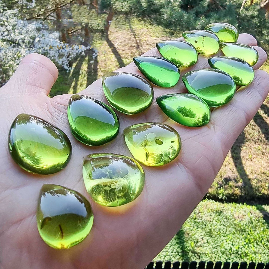 Natural Amber Green Color, Drop Free Shape Flat Bottom Cabochons ...