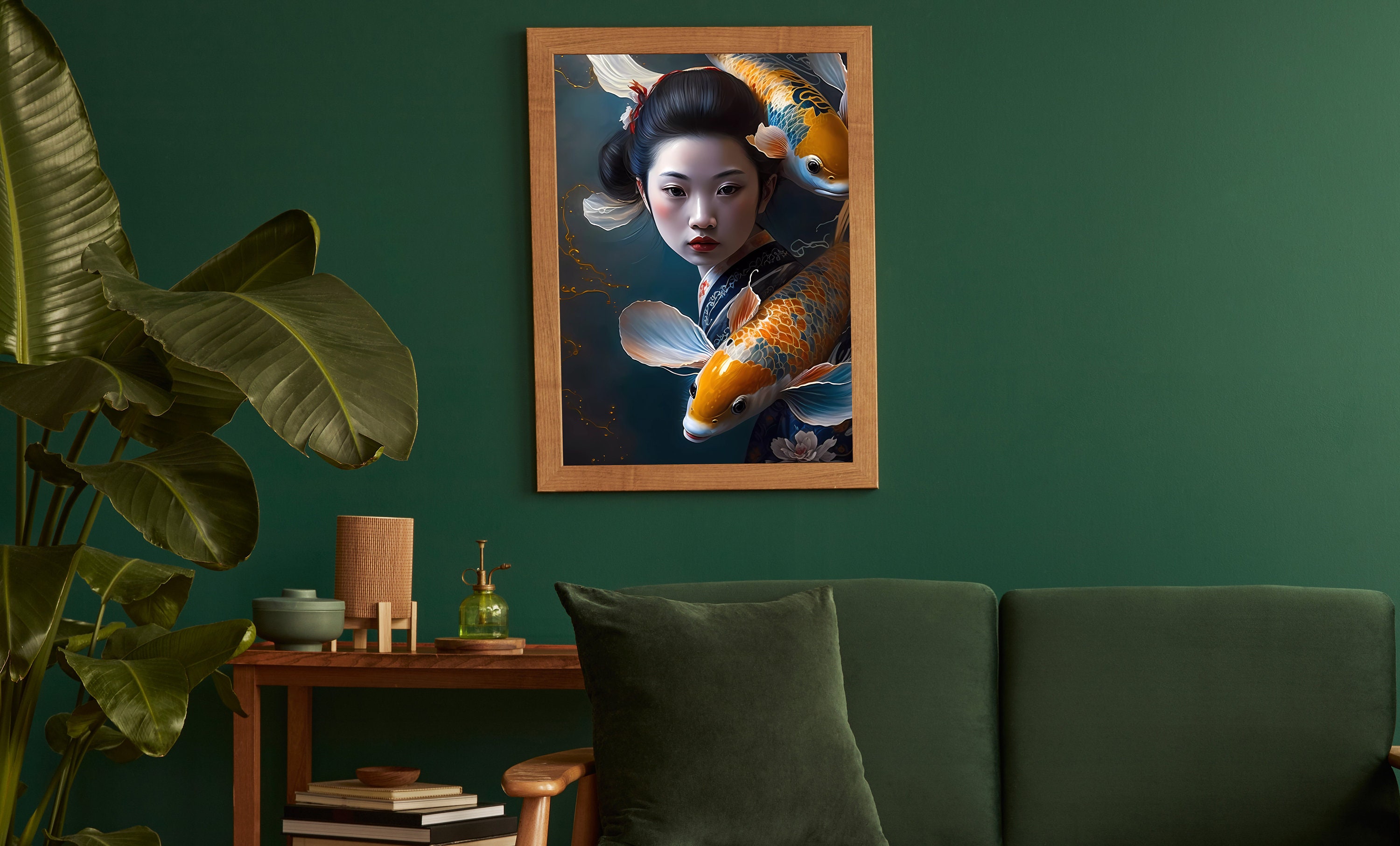 Japandi Decor Geisha With Koi Fish, Photorealistic Printable Art ...