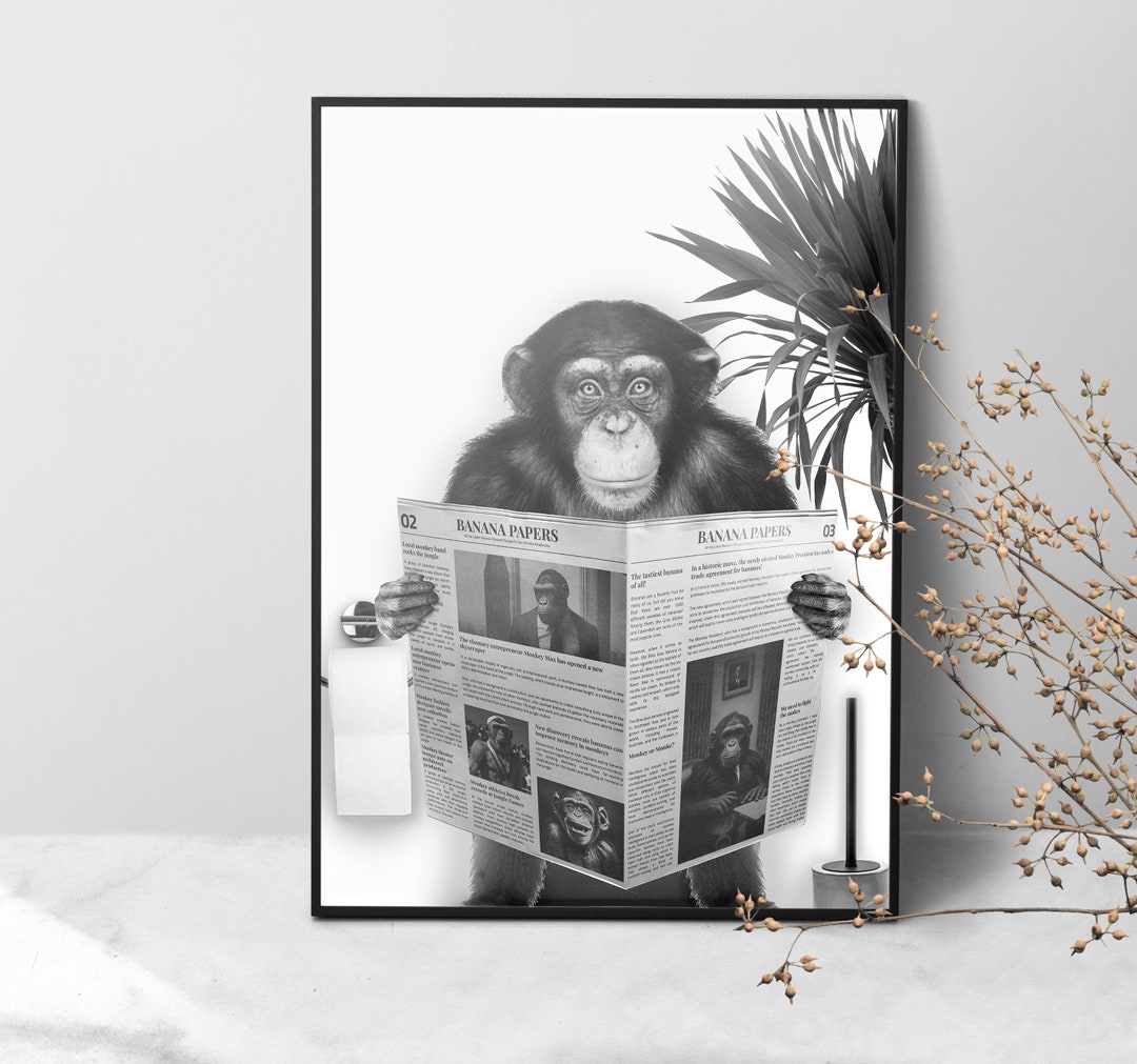Monkey on Toilet Reading Newspaper, Whimsy Animal Bathroom Decor ...