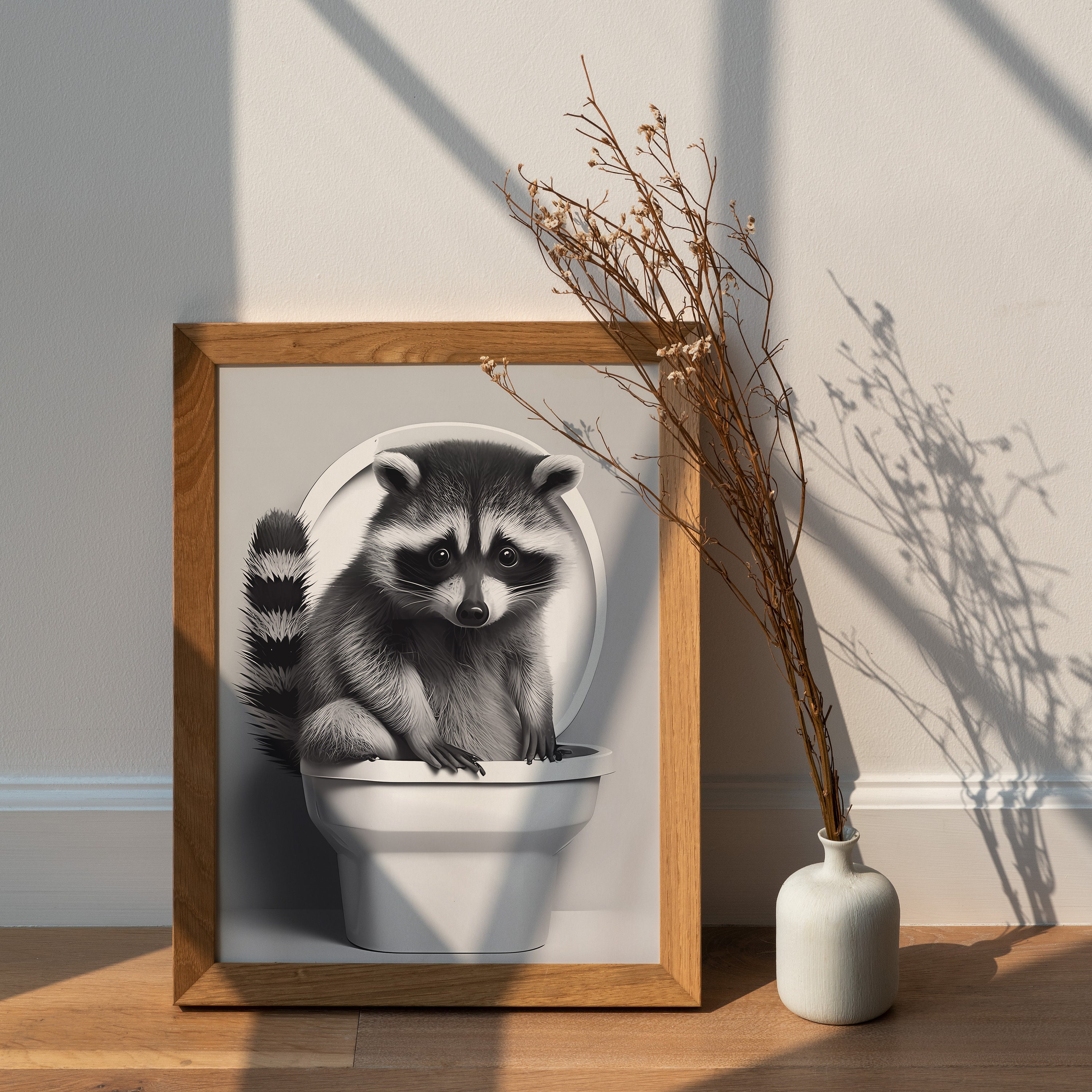 Racoon on Toilet, Cute Bathroom Printable, Whimsy Animal Art, Bathroom ...
