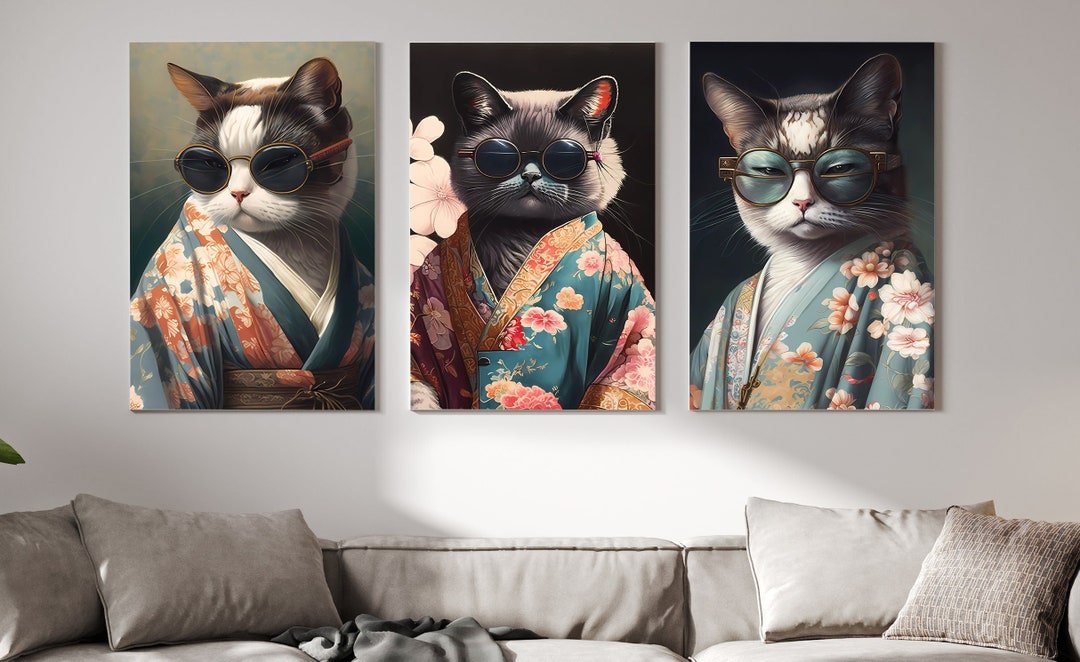 5 Japanese Cats With Sunglasses and Kimono, Digital Prints, Japandi ...
