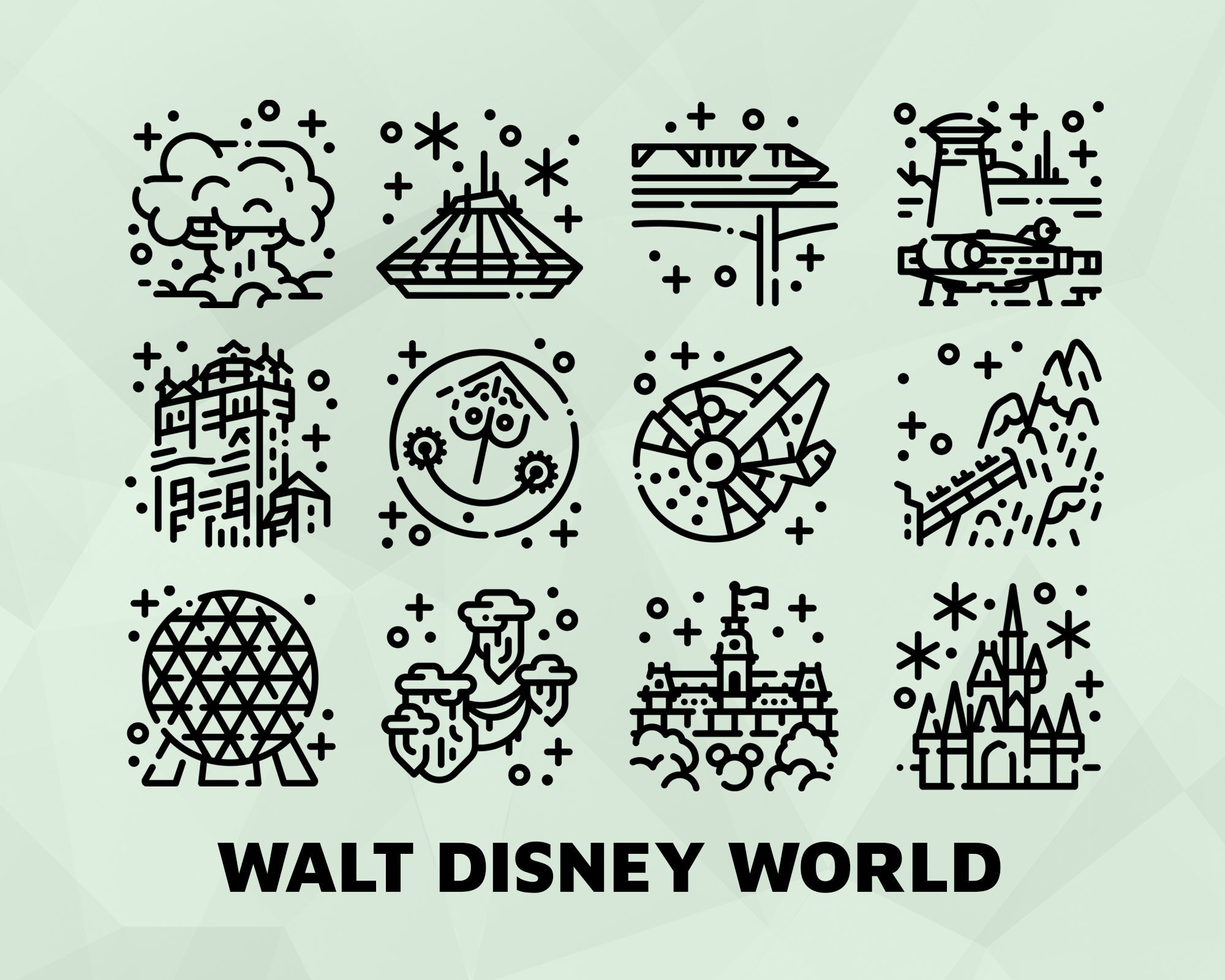 Disneyland Florida Line Art Theme Parks Icon for Cricut SVG Bundle 12 ...