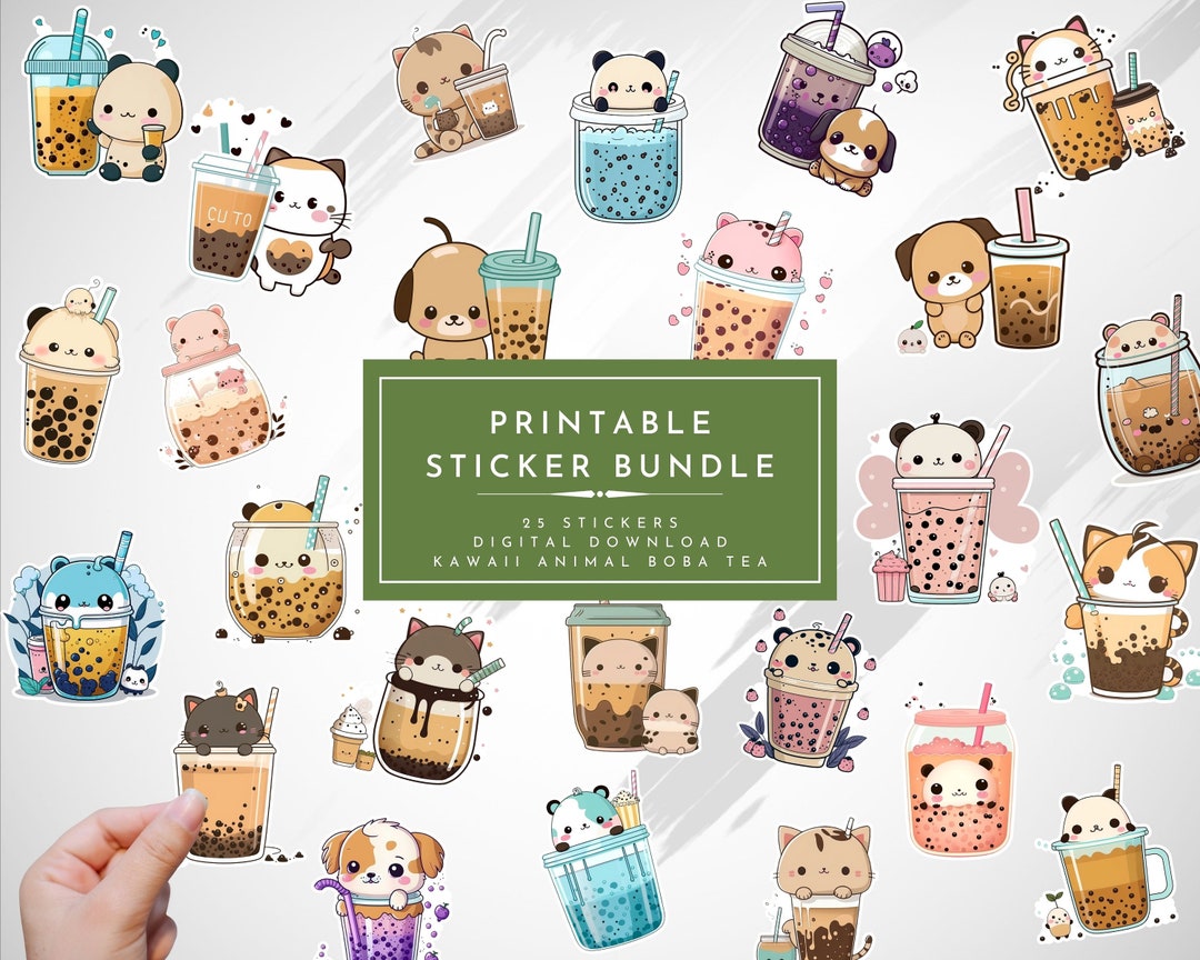 25x Kawaii Animals Boba Tea Sticker, Bubble Drinks Stickers, Digital ...