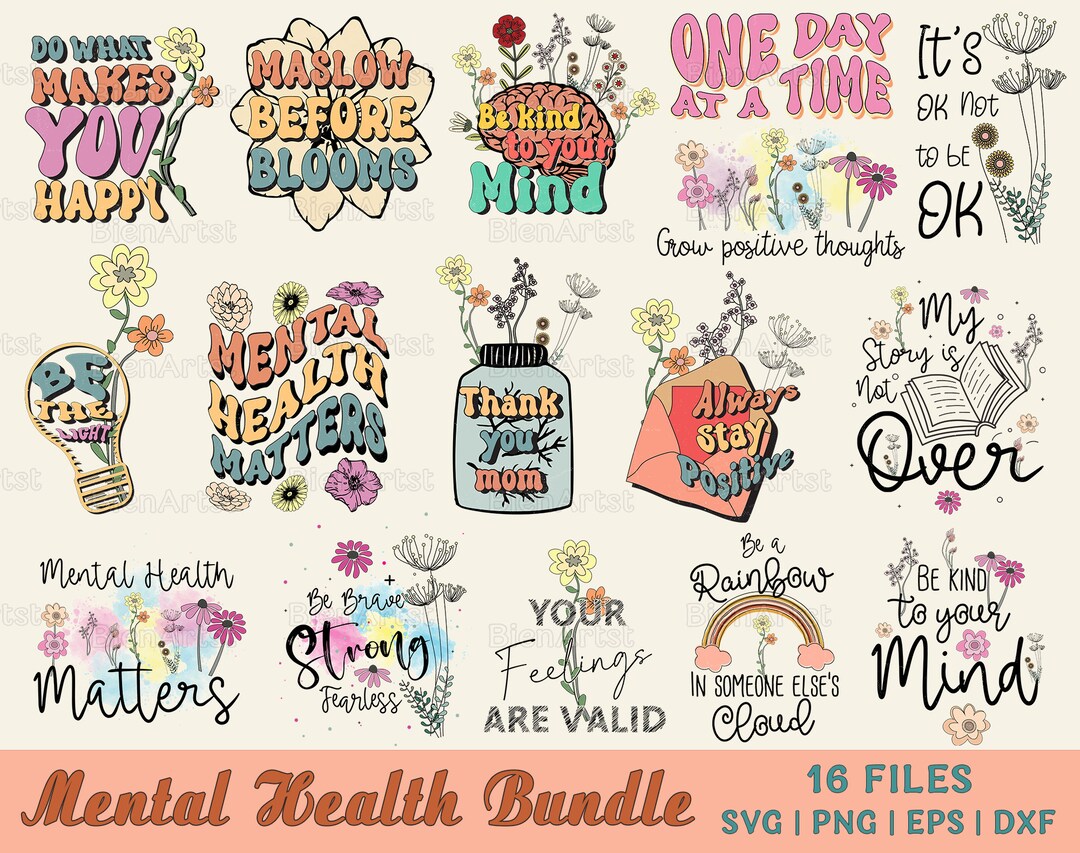 Retro Mental Health SVG Bundle, Positive SVG, Motivational SVG, Mental ...