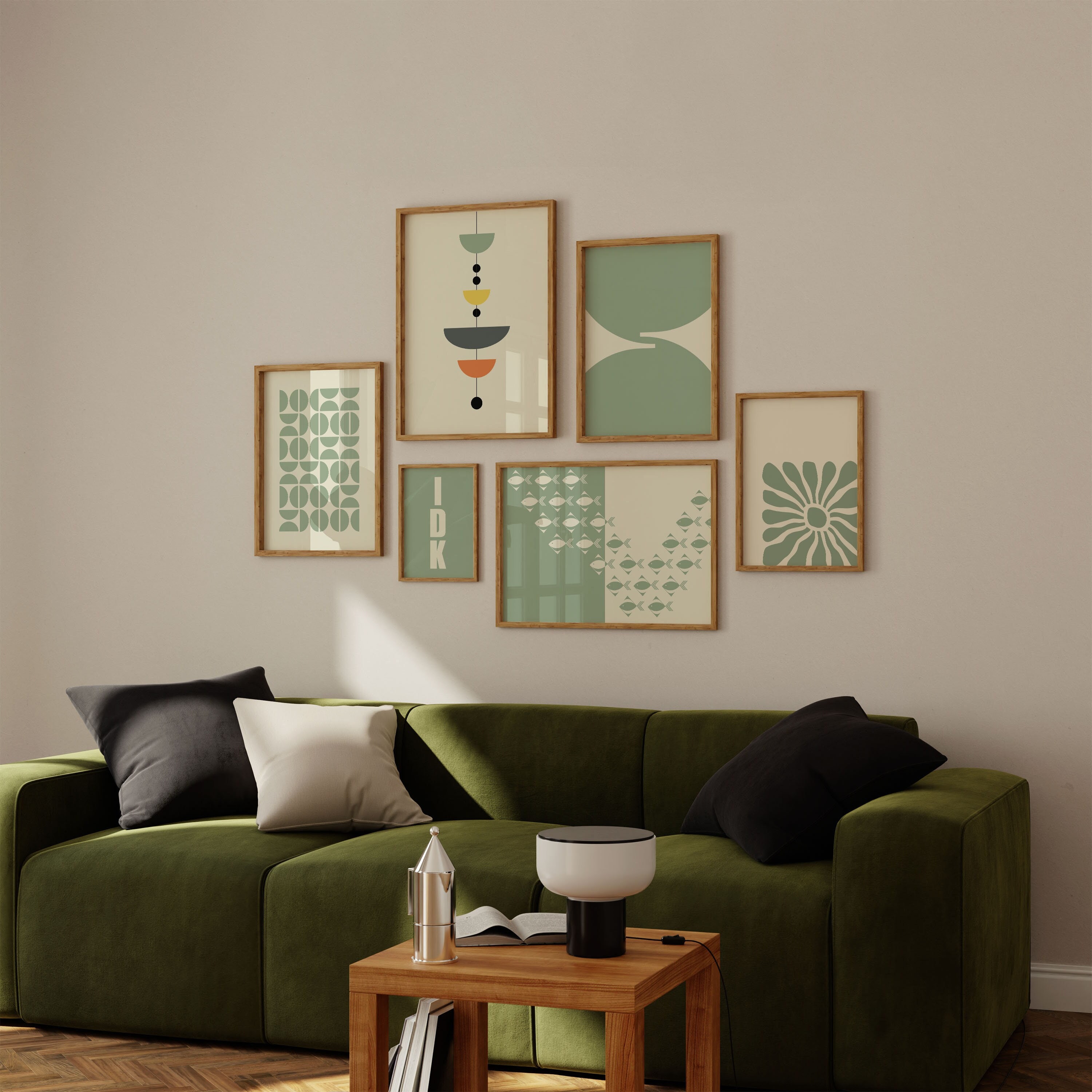 Set von 6 Drucken Salbeigrün Midcentury moderne abstrakte druckbare Wandkunst Bauhaus Kreis ...