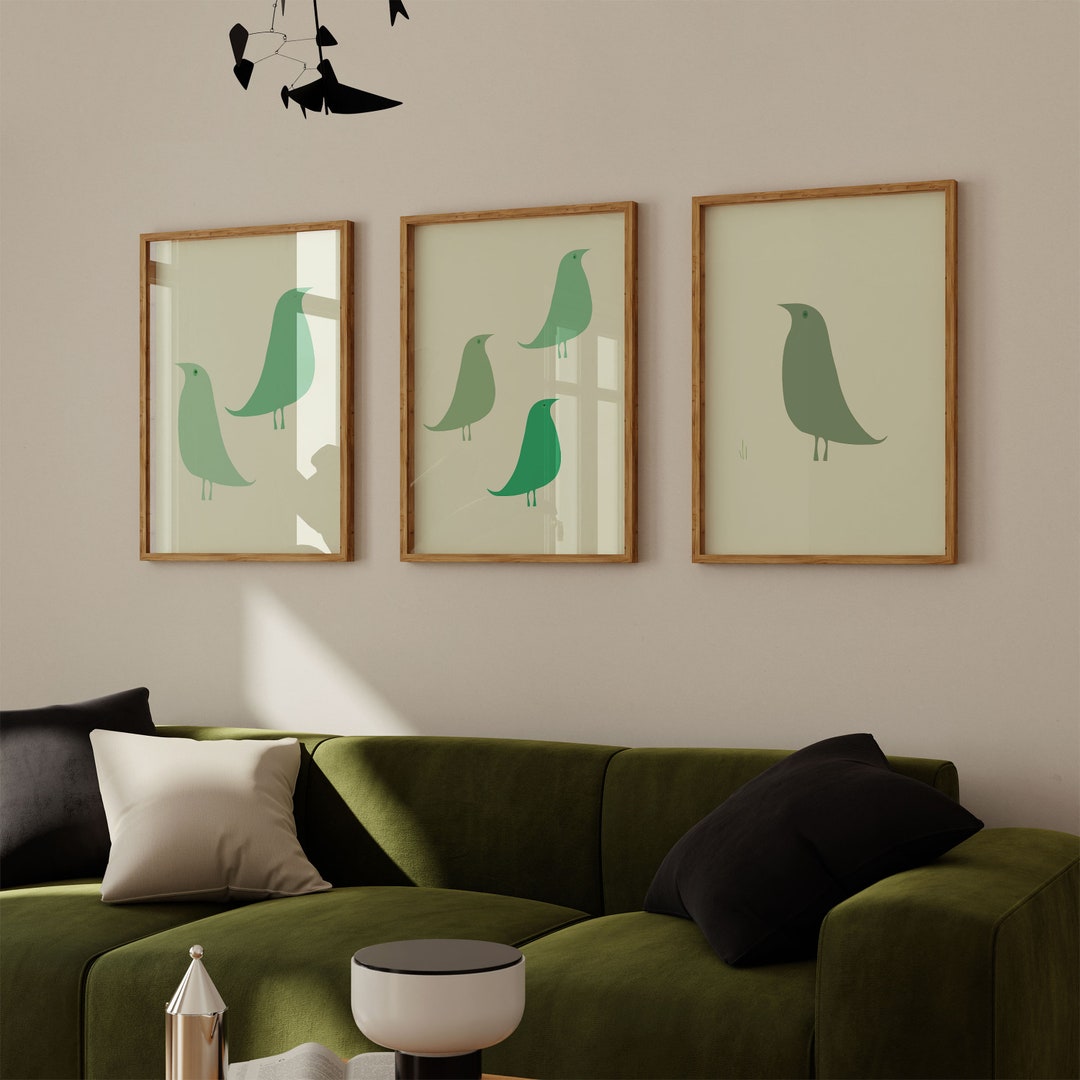 Green Bird Print Set: Mid-century Modern Geometric Wall Art (digital ...