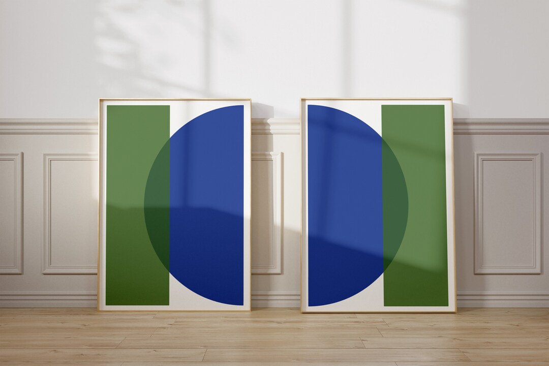 Mid Century Modern Print Set Geometric Wall Art Blue and Green Retro ...
