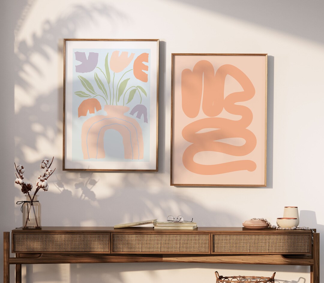 Peach Fuzz Wall Art Set: Matisse Flowers, Abstract Line Prints (digital ...