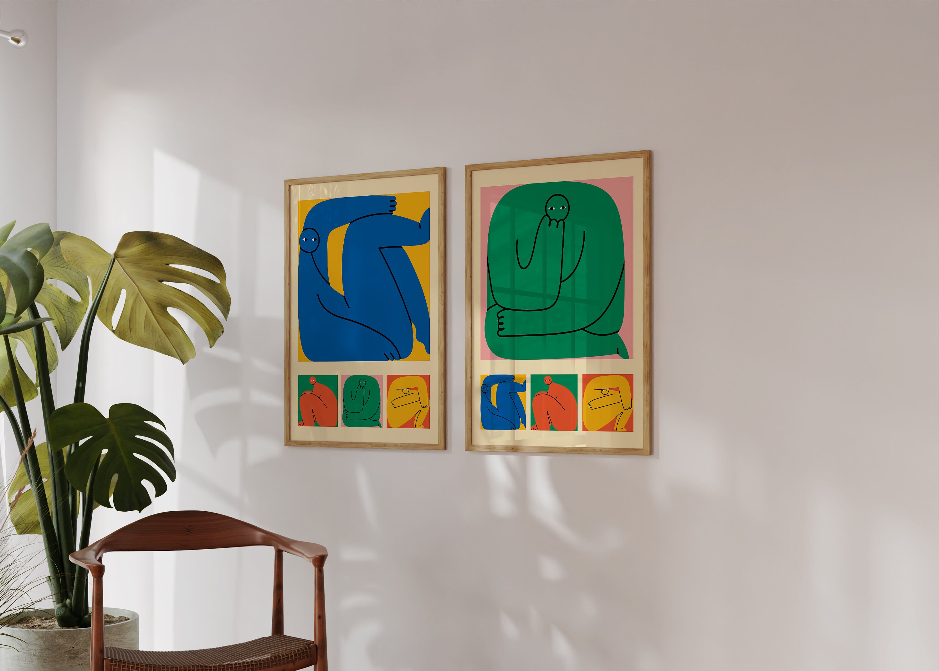 Graphic Wall Art 2 Set Bold Retro Figure Prints Matisse Style Portrait ...