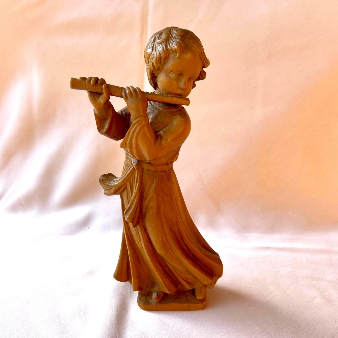 Vintage German Flute-playing Wooden Girl or Angel, Hand Carved in ...