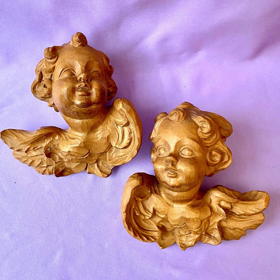 Pair of Large Vintage Italian Hand-carved Natural Wood Angel Heads, Val ...