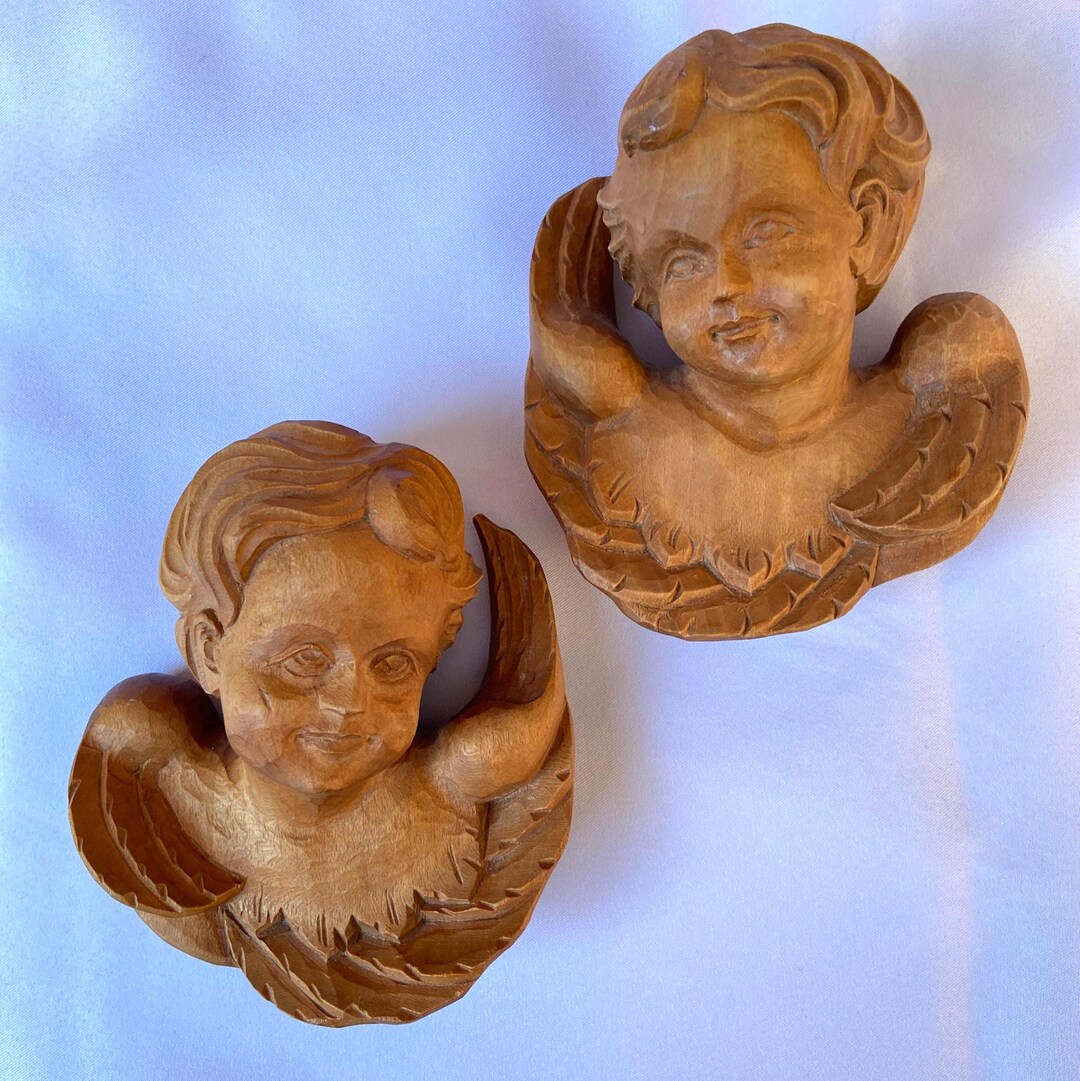 Vintage Pair of German Hand Carved Natural Wood Angel Heads ...