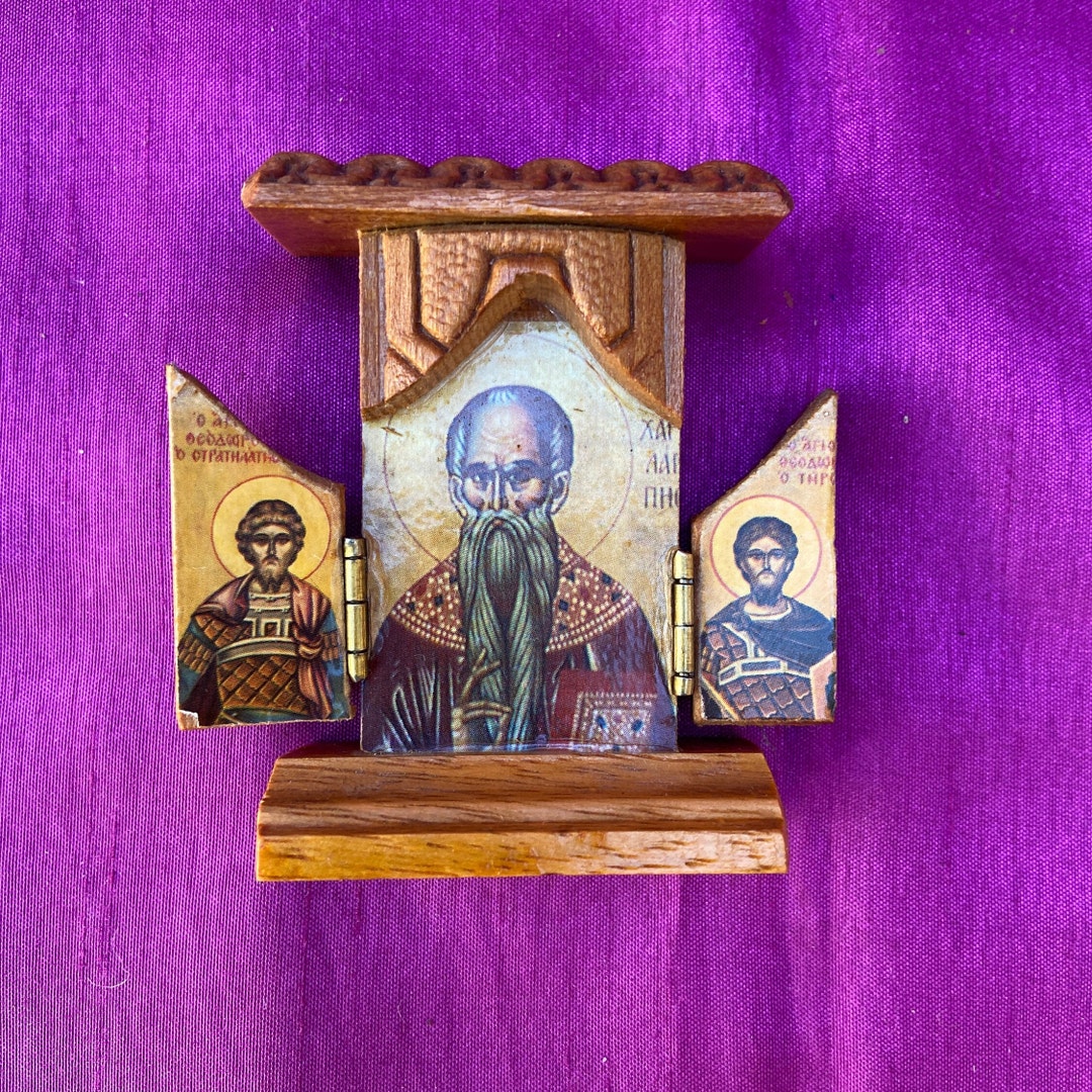 Vintage Wooden Travel Triptychon Orthodox Replica Icon, Mini Altar, 7.5 ...