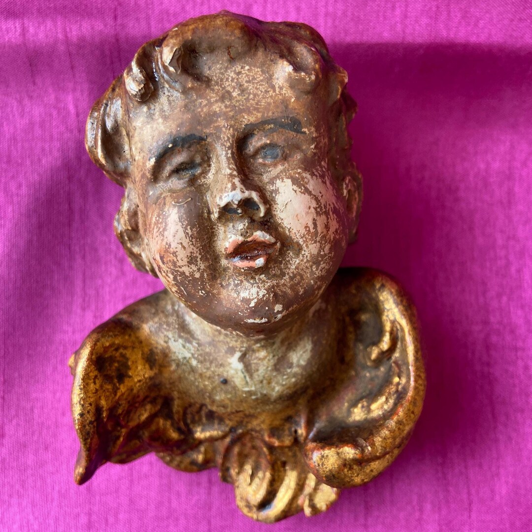 Antique German Hand Carved Polychrome & Gold Leaf Angel Head, Shabby ...