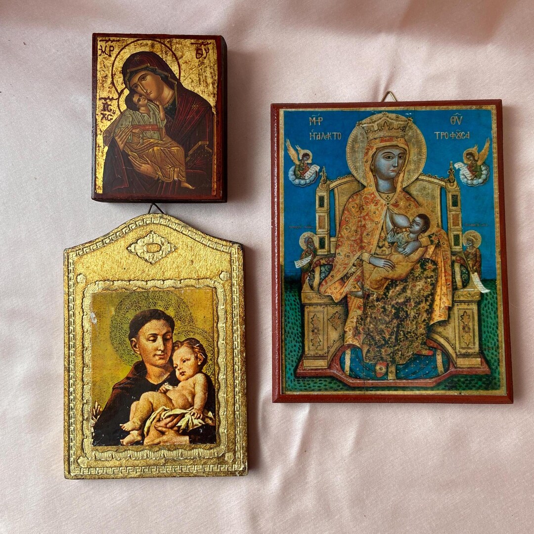 Choice of Vintage Wooden Plaque Icons. Greek Orthodox, Byzantine ...