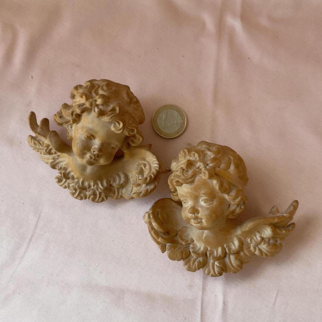 Vintage Pair of Small Hand Carved Angel Heads Girls With Headbands ...