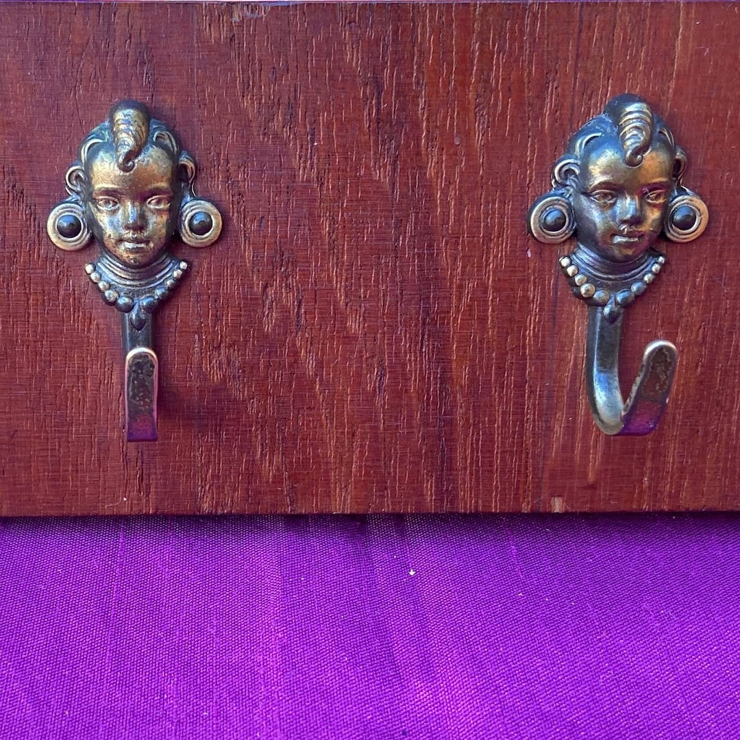 Antique French Small Wooden Key Hanging Board With Four Brass Figurine ...