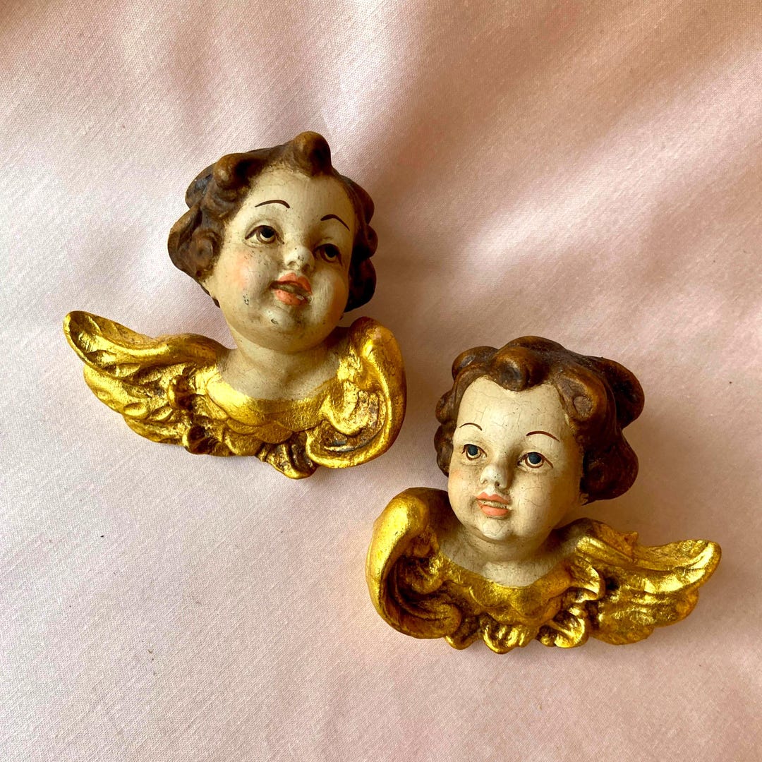 Vintage Pair of Small German Hand-carved Polychrome & Gold Leaf Angel ...
