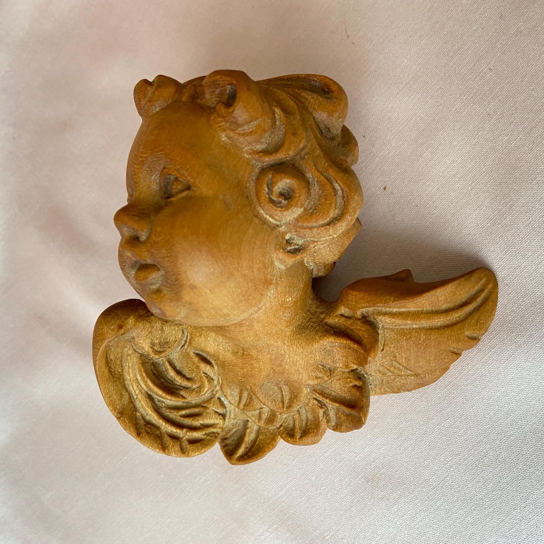 Vintage German Hand Carved Natural Wood Angel or Cherub Head With ...