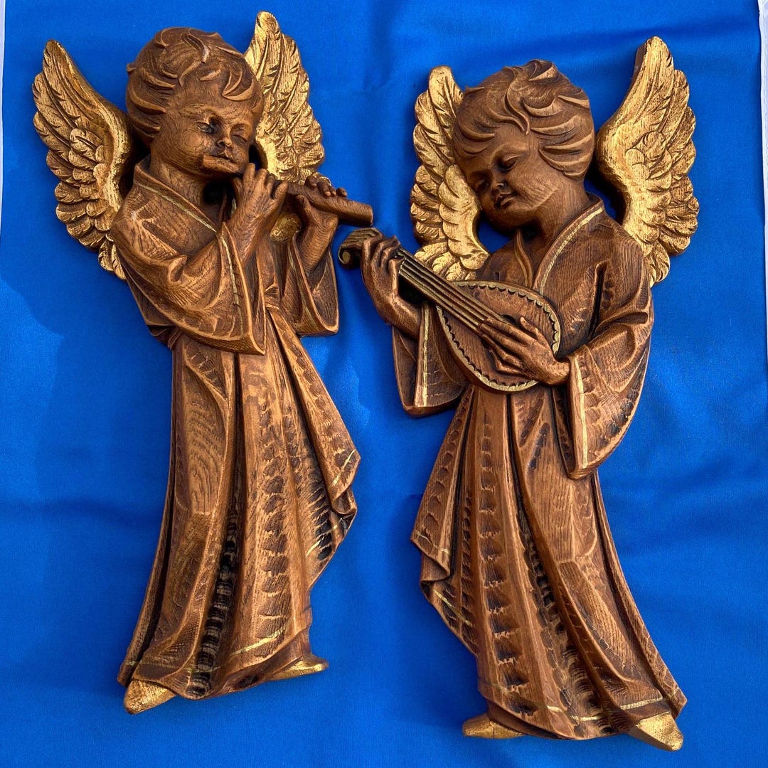Large Vintage German Faux Wood Polyresin Pair of Wall Angels With Gold ...