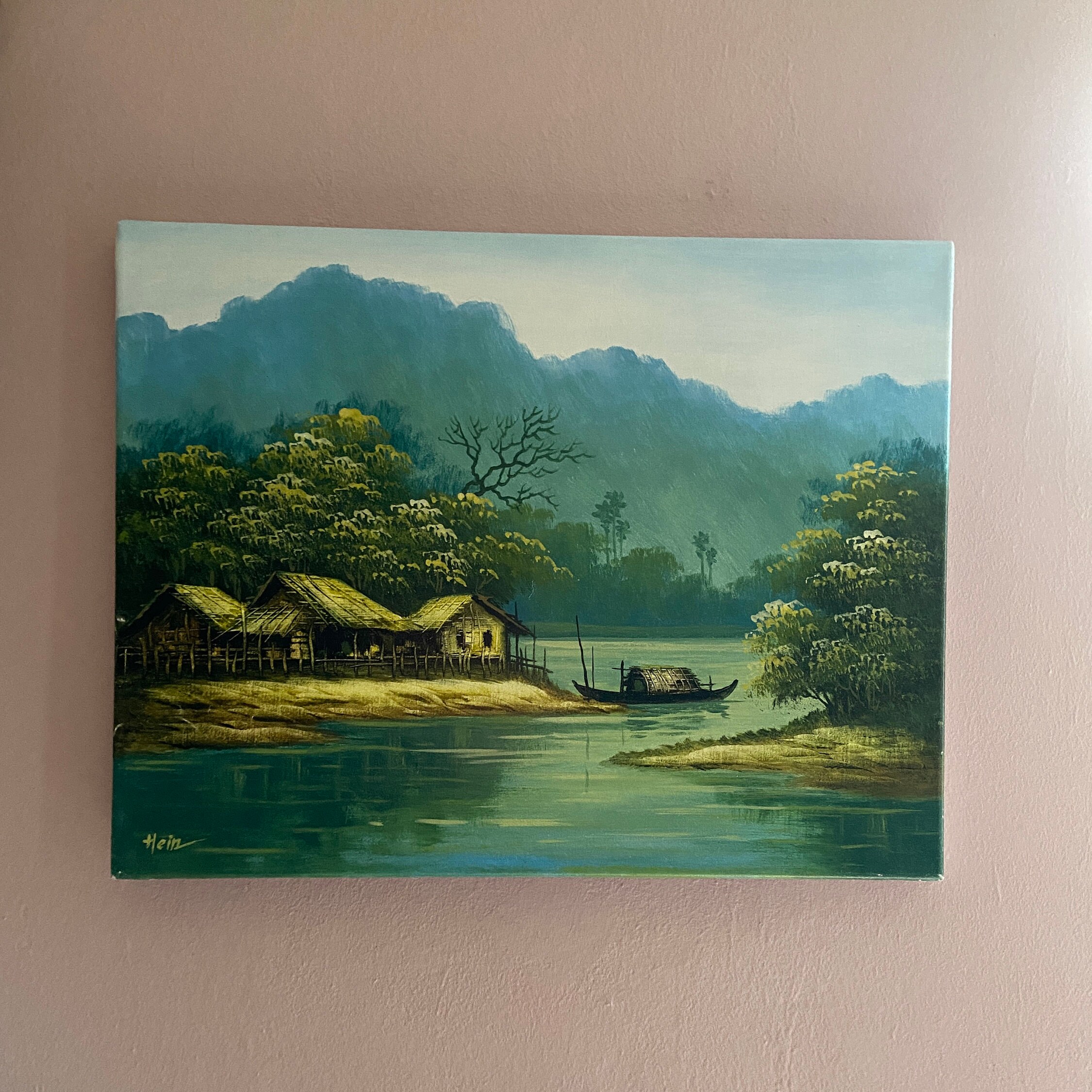 Vintage Original Painting Burmese Landscape With Lake, Fishing Boat and ...