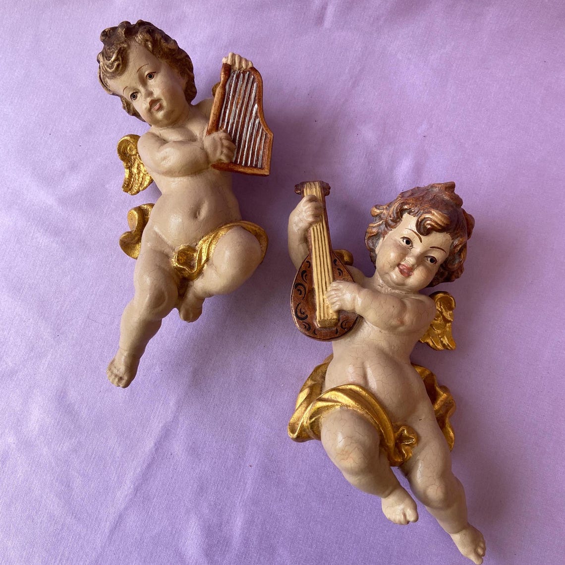 Vintage Italian Hand Carved Polychrome Wall Angels With Lute & Harp ...